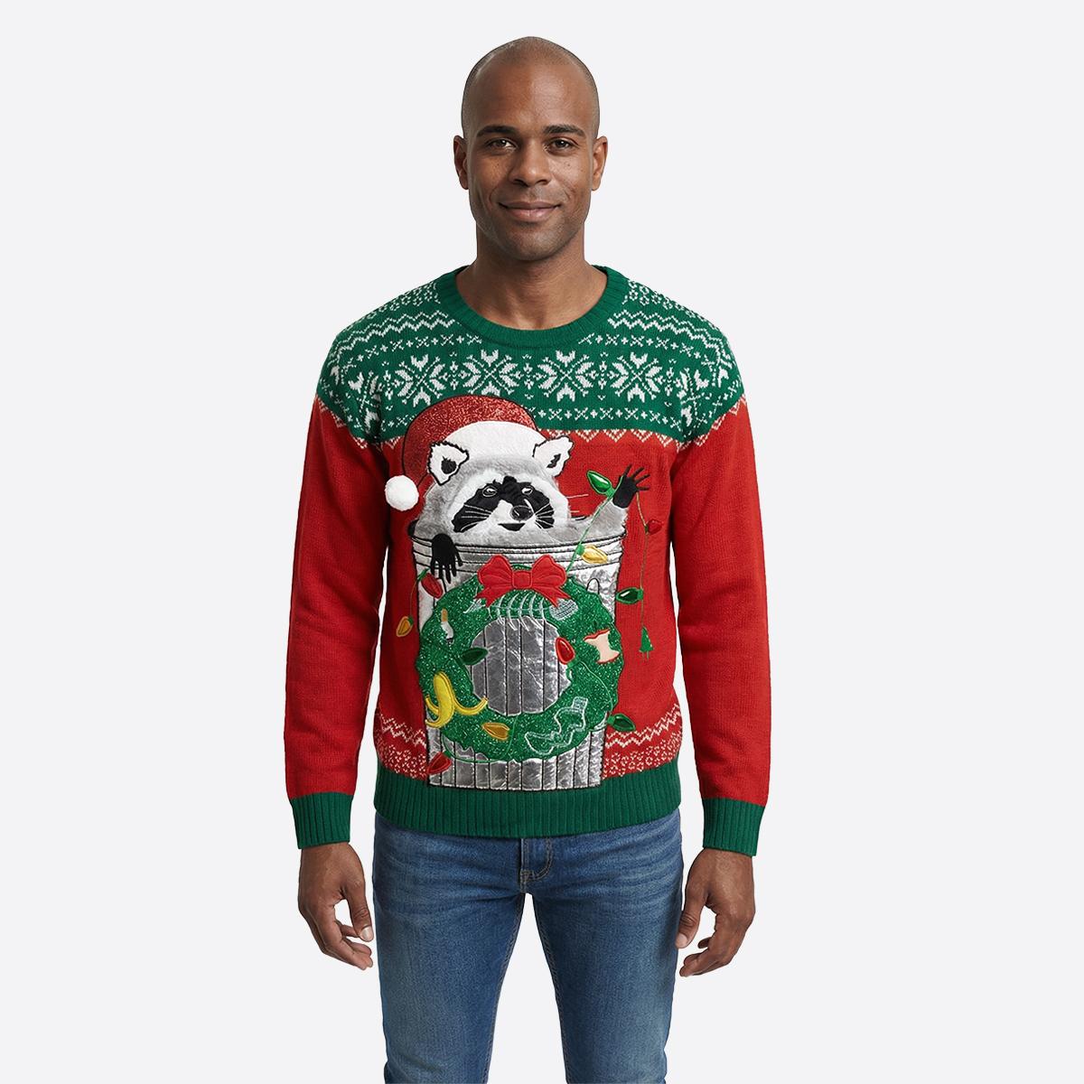 Click here for Mens Holiday Hype Ugly Christmas Racoon Trashcan S... prices